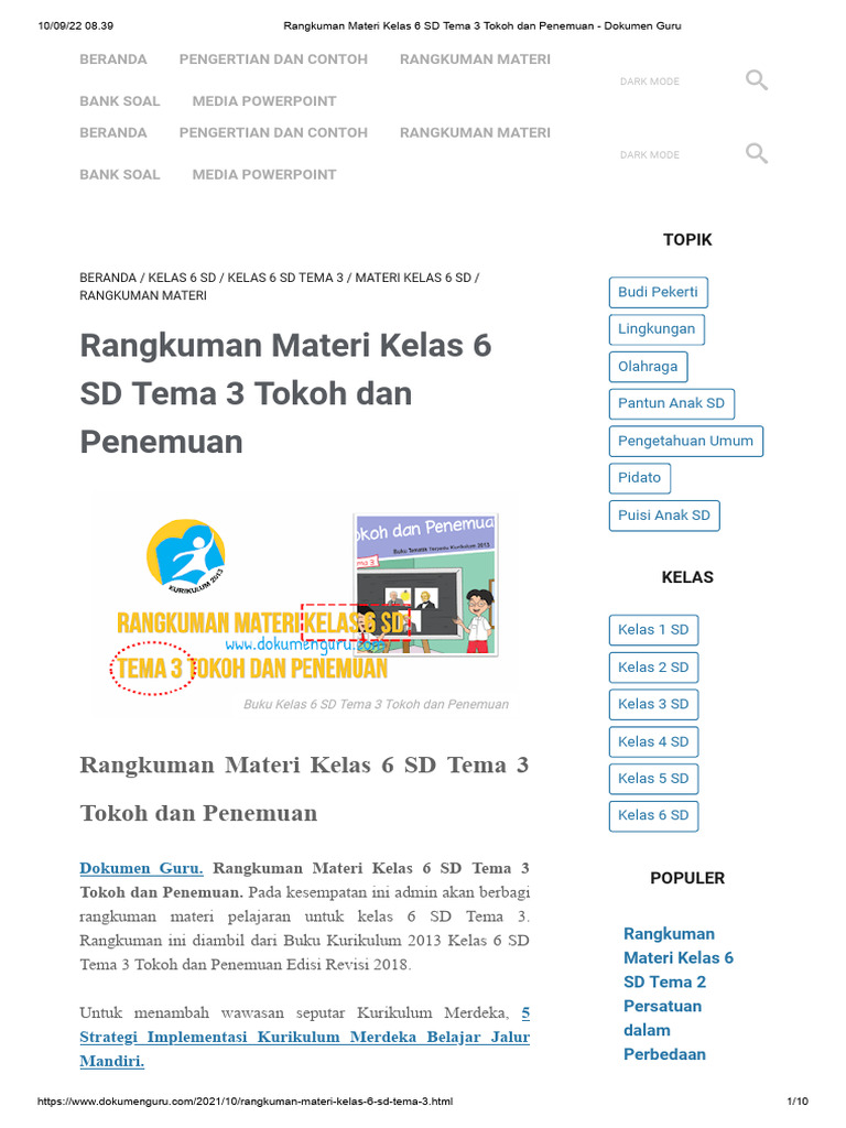 Rangkuman Materi Kelas 6 SD Tema 3 Tokoh Dan Penemuan - Dokumen Guru | PDF
