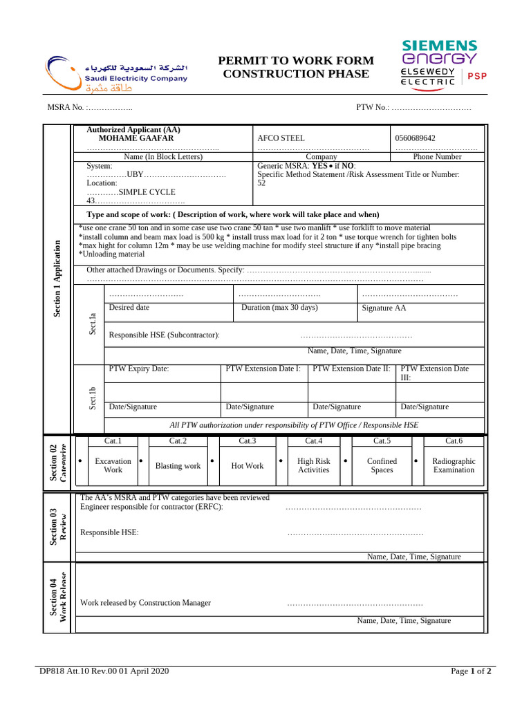 DP818 Att.10 Permit To Work Form Construction Phase | PDF | Mechanical ...
