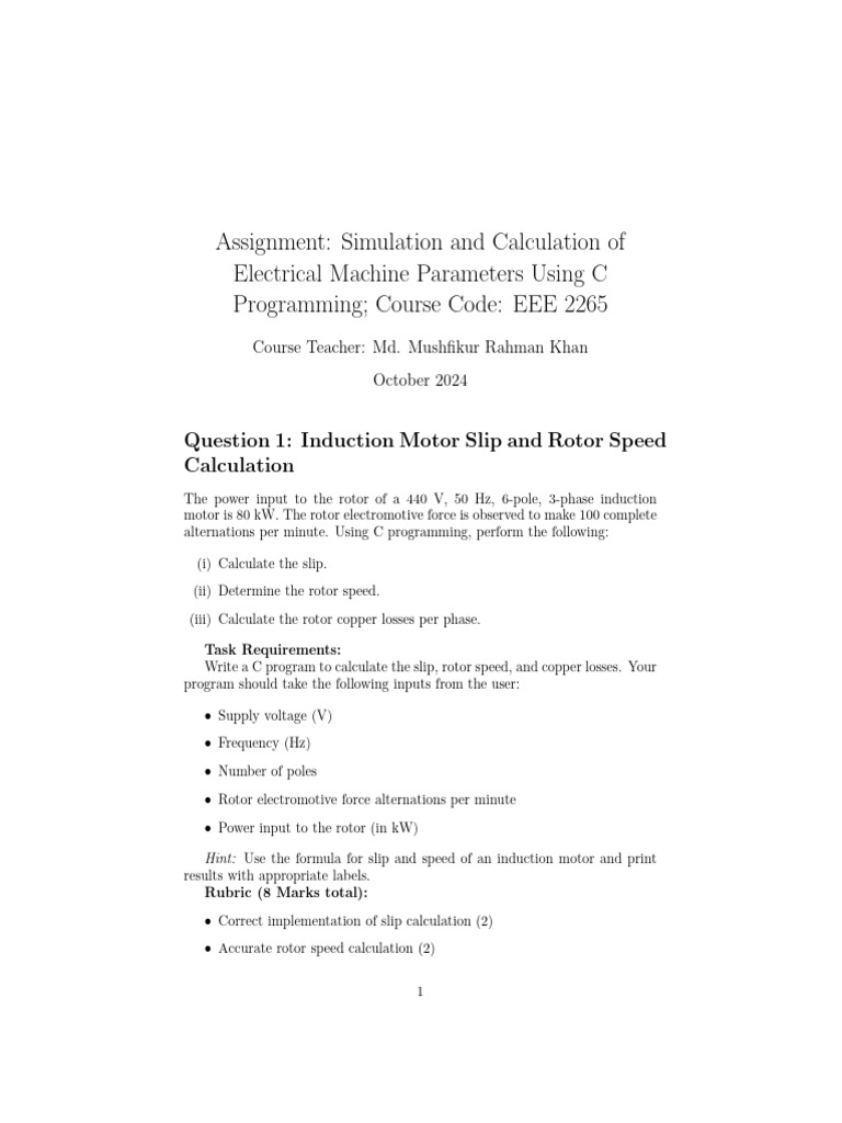 Assignment Simulation And Calculation Of Electrical Machine Parameters Using C Programming