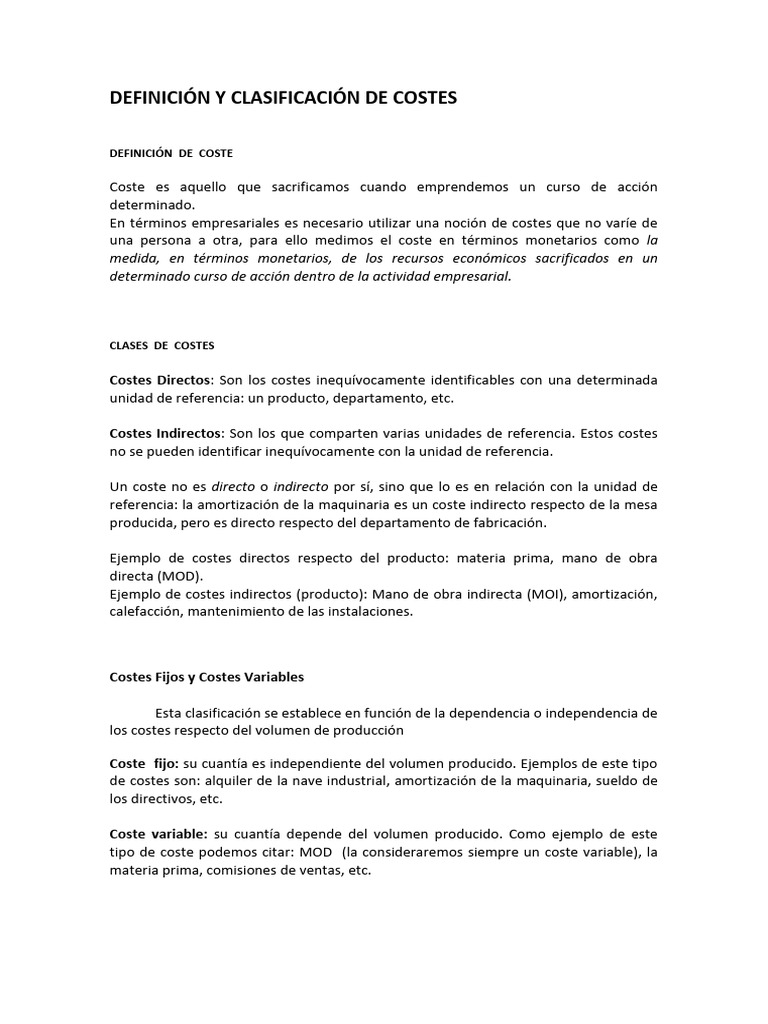 Definición y Clasificacion de Costes | PDF | Business | Economias