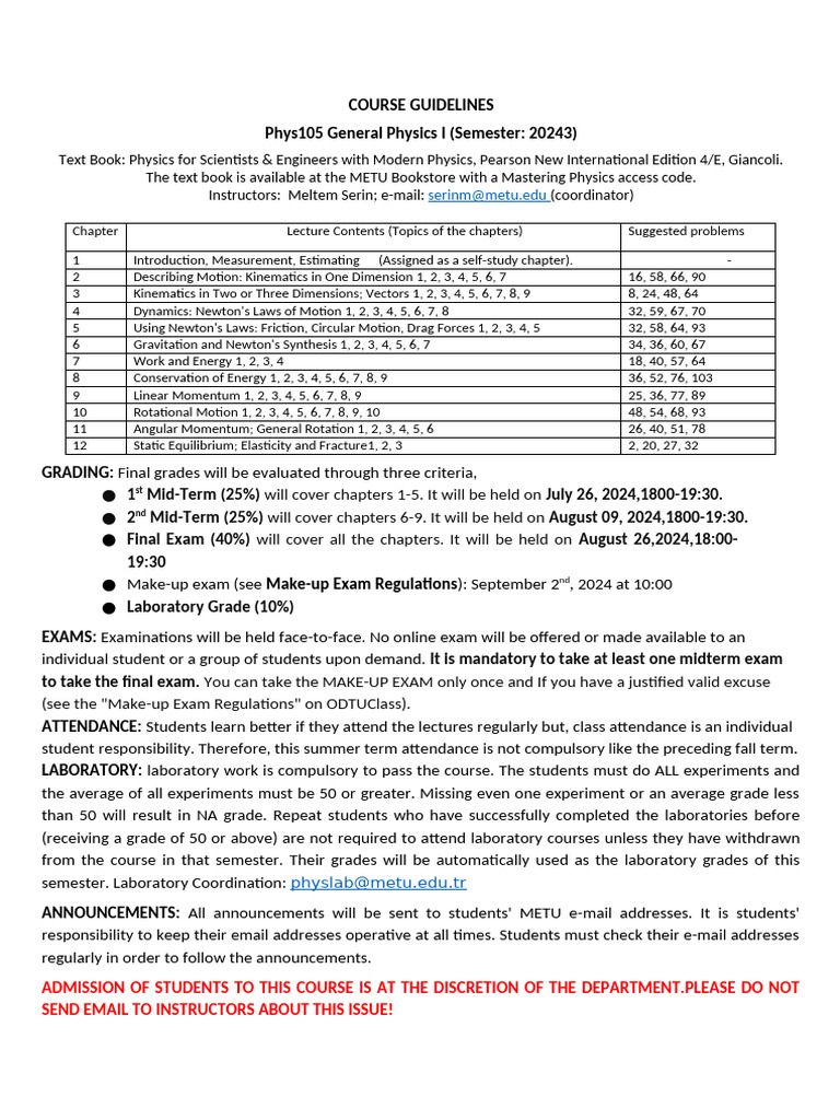 COURSE GUIDELINE-phys105-summer2024 | PDF | Kinematics | Force