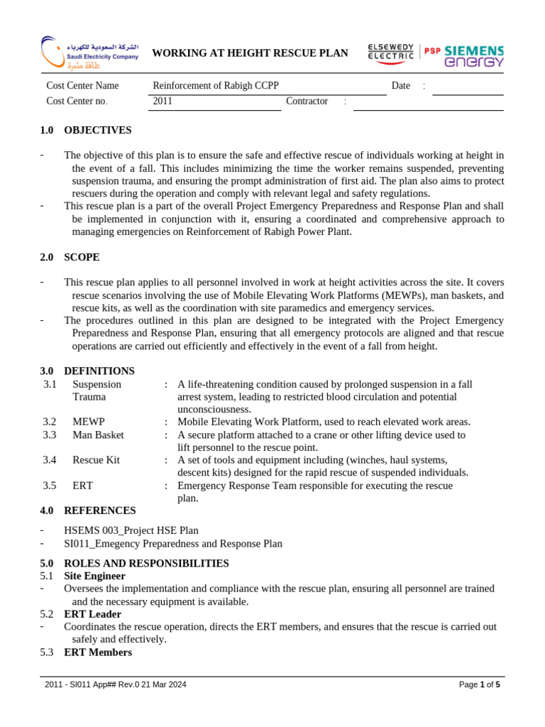 SI011 App.01 - Working at Height Rescue Plan | PDF | First Aid ...