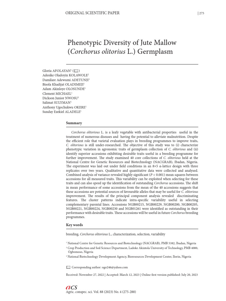 Phenotypic Diversity of Jute Mallow (L.) Germplasm: Corchorus Olitorius | PDF | Leaf | Cluster ...