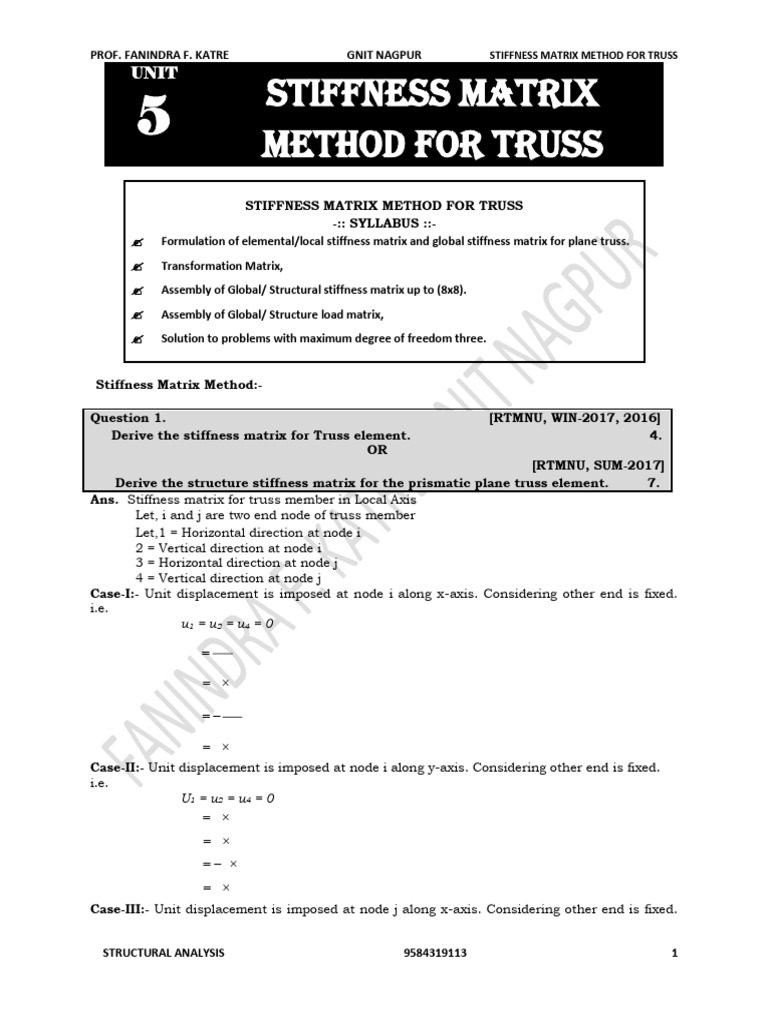 U-V Stiffness Matrix Method For Truss | PDF | Structural Analysis | Stiffness