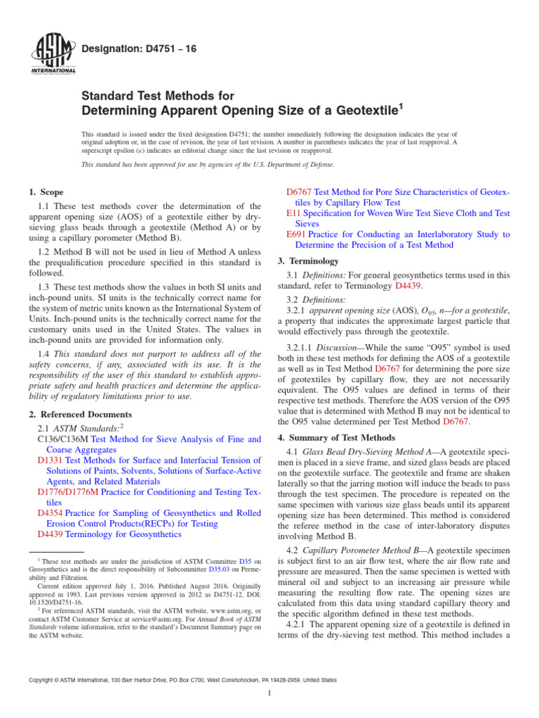 Determining Apparent Opening Size of A Geotextile: Standard Test ...