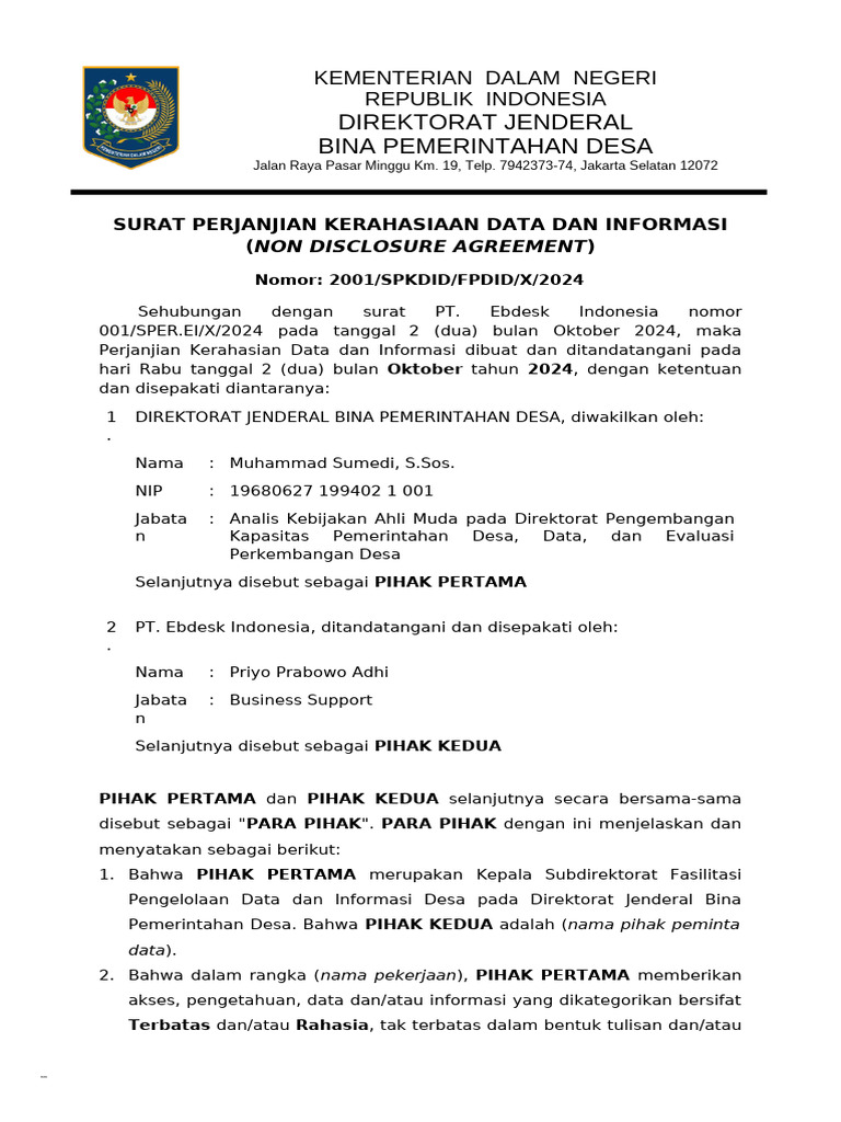 Draft Nda - Permintaan Data | PDF | Politik | Ilmu Sosial