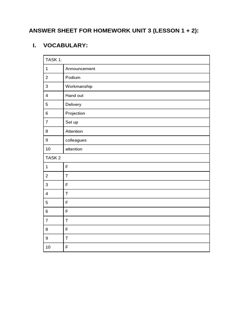 Answer Sheet For Homework Unit 3 (Lesson 1 + 2) | PDF