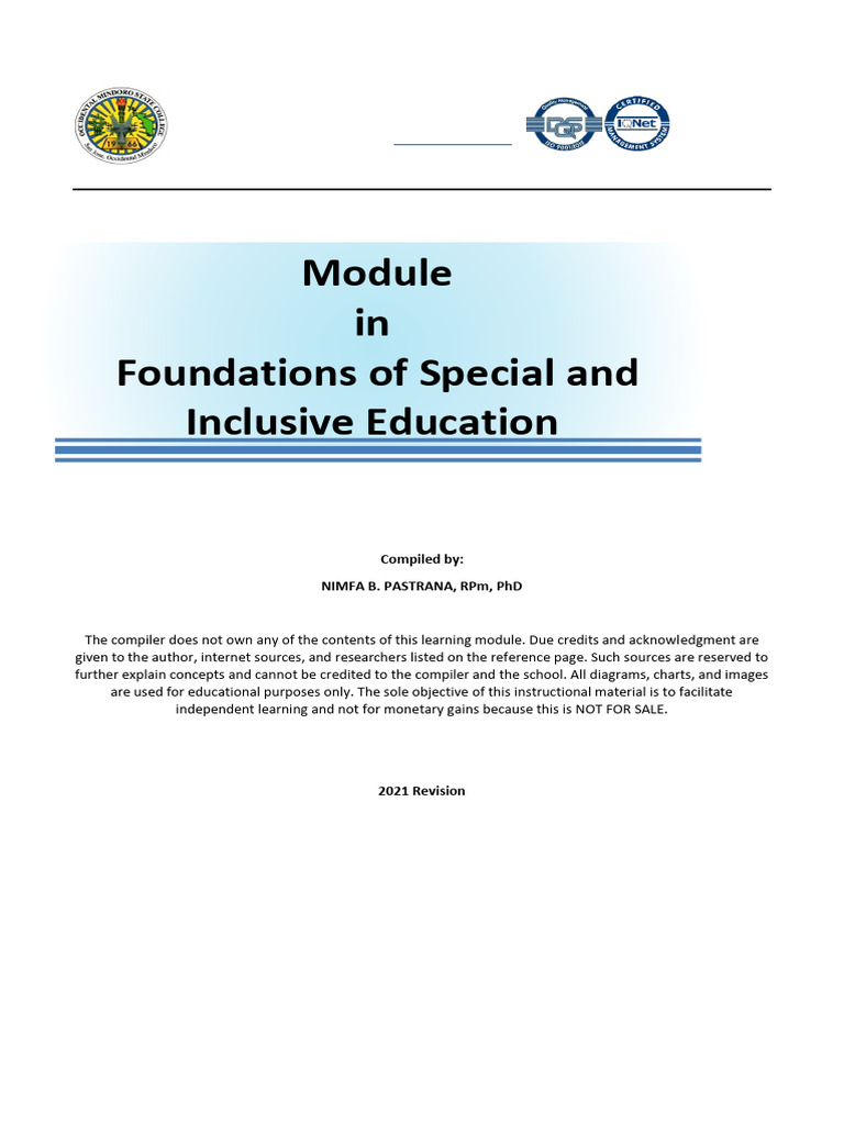 Foundations of Inclusive Education Module | PDF | Inclusion (Education ...