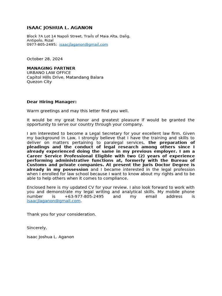 Isaac Joshua L Aganon Cover Letter Urbano Law Office | PDF