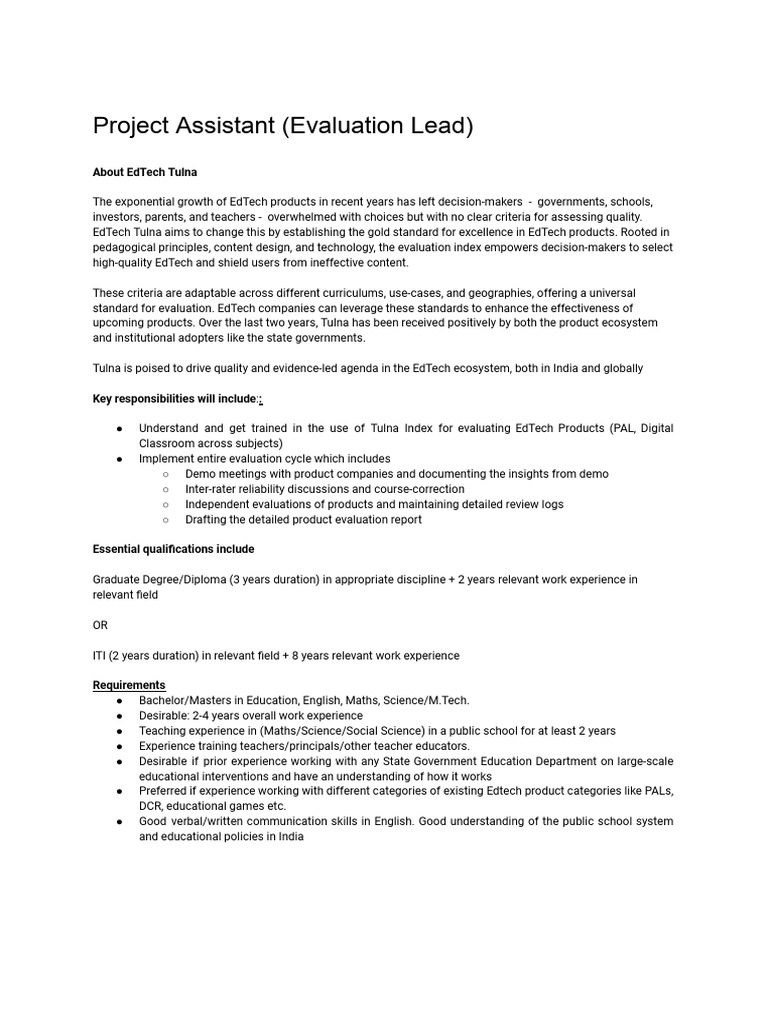 EdTech Tulna: Evaluation Lead Role | PDF | Educational Technology ...