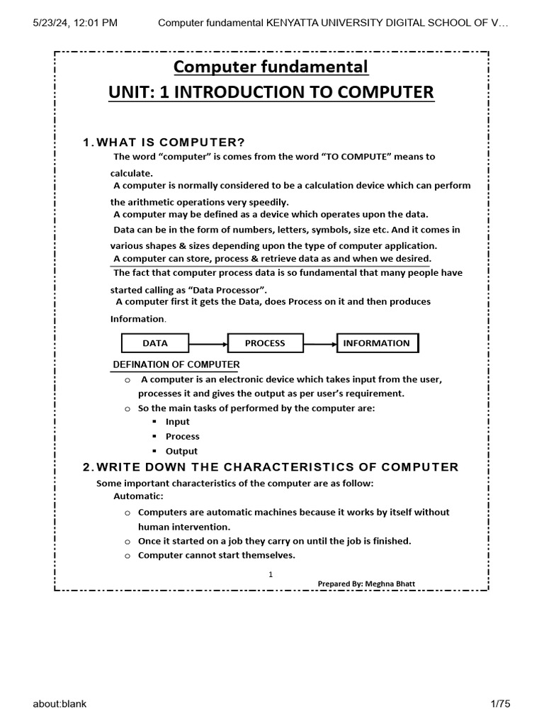 Computer Fundamental Unit: 1 Introduction To Computer: 1.what Iscomputer? | PDF | Central ...