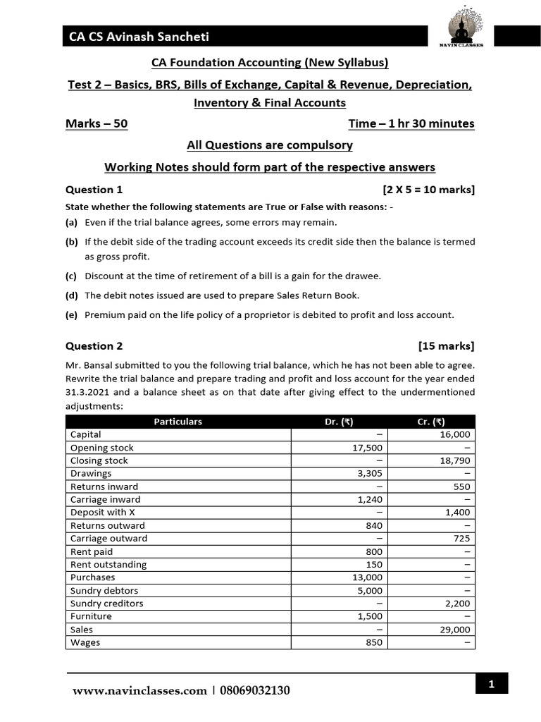 CA Foundation Accounting Test 2 Guide | PDF | Debits And Credits | Banks