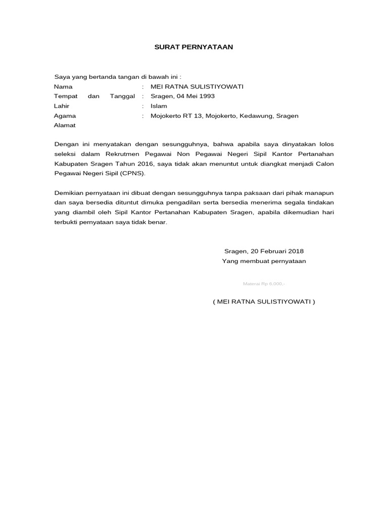 Surat Pernyataan PTT+FC | PDF