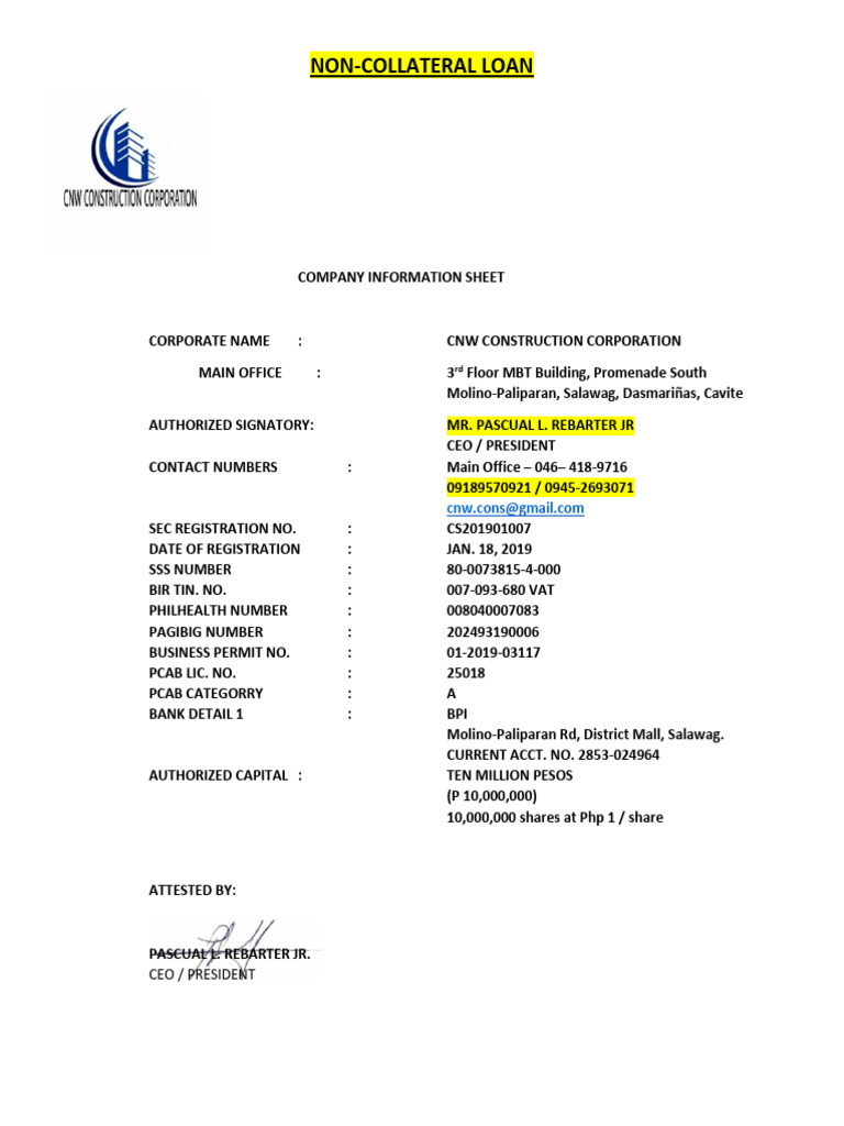 NON COLLATERAL LOAN of CNW CONSTRUCTION CORP | PDF