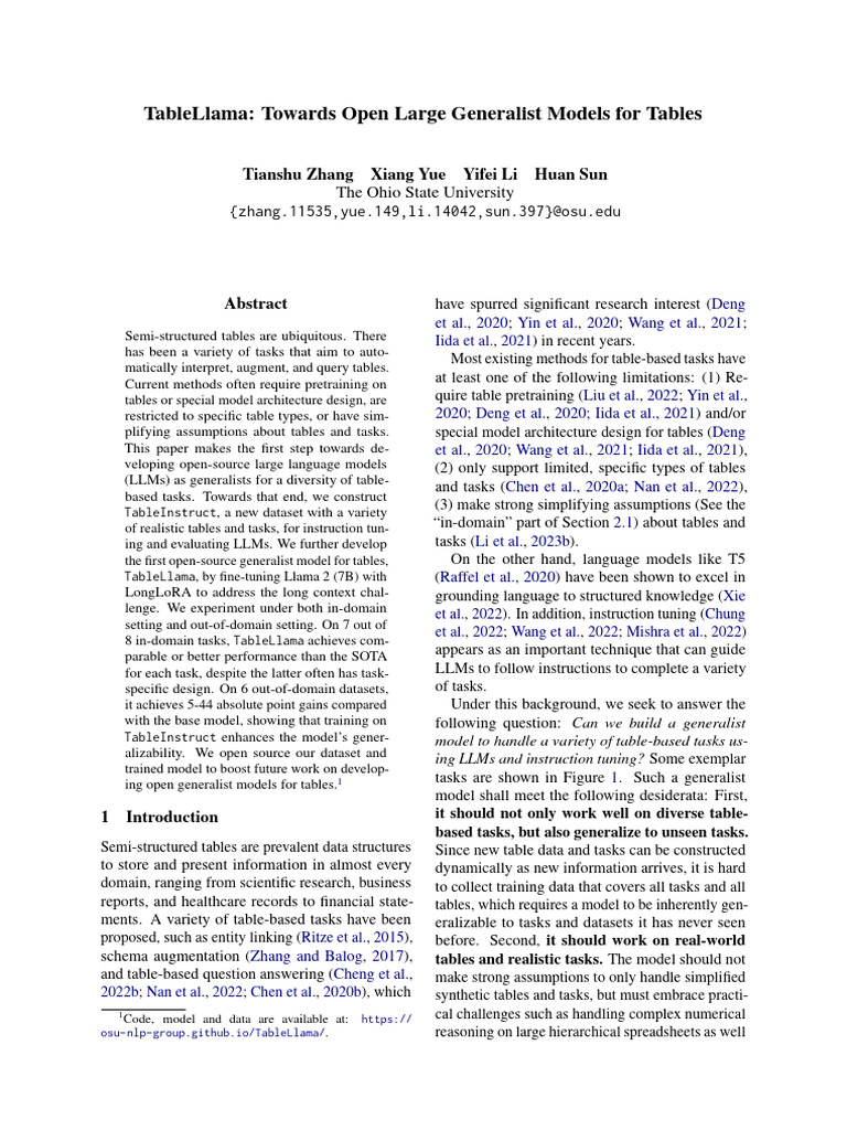 TableLlama Towards Open Large Generalist Models For Tables | PDF | Annotation | Conceptual Model