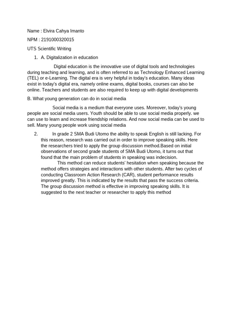 UTS Scientific Writing Elvira Cahya Imanto 2191000320015 | PDF | Career & Growth