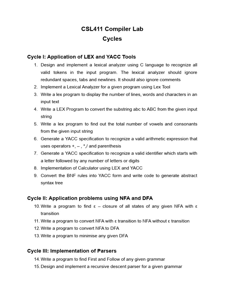 CSL411 Compiler Lab Cycles | PDF | Computer Program | Programming