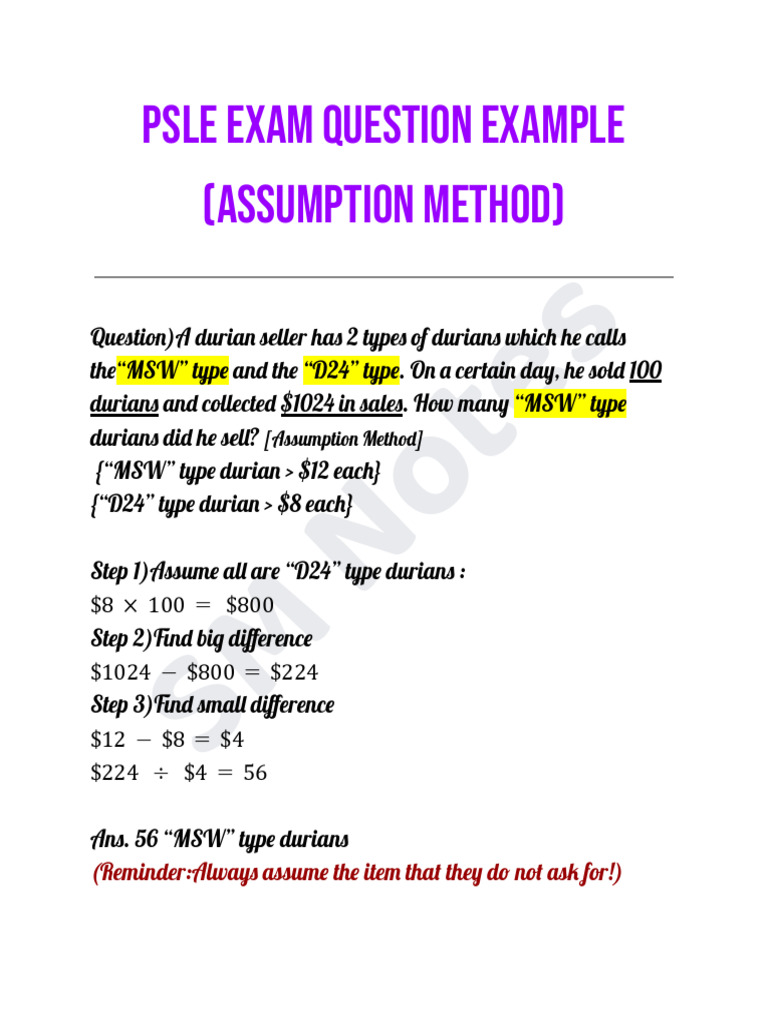 Psle Exam Question Example (Assumption Method) : SM No Tes | PDF