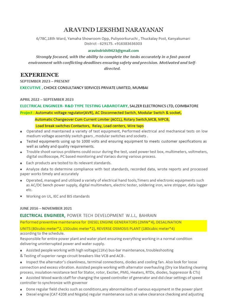 Electrical Engineer (Auto Cad) - Aravind Resume | PDF | Switch | Power Station
