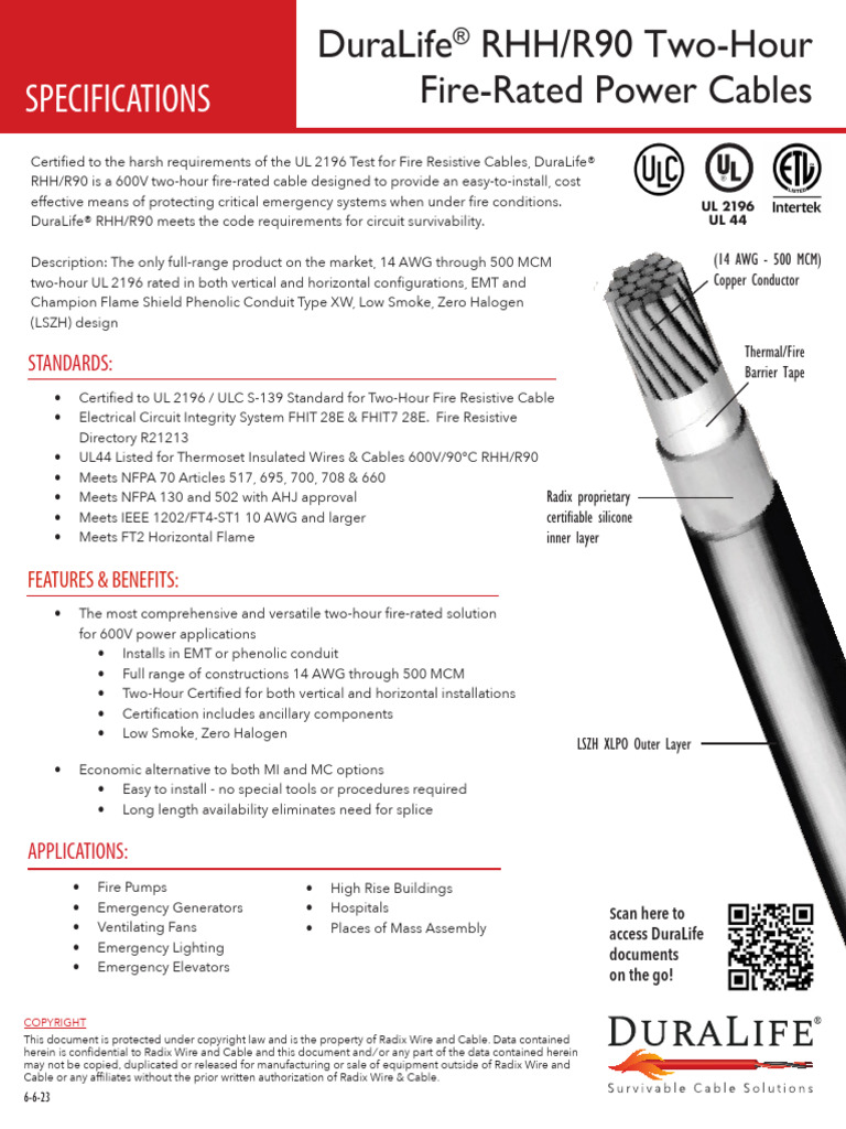 DuraLife RHH Power Cable Data Sheet 06 06 2023 | PDF | Building Engineering | Electrical Wiring