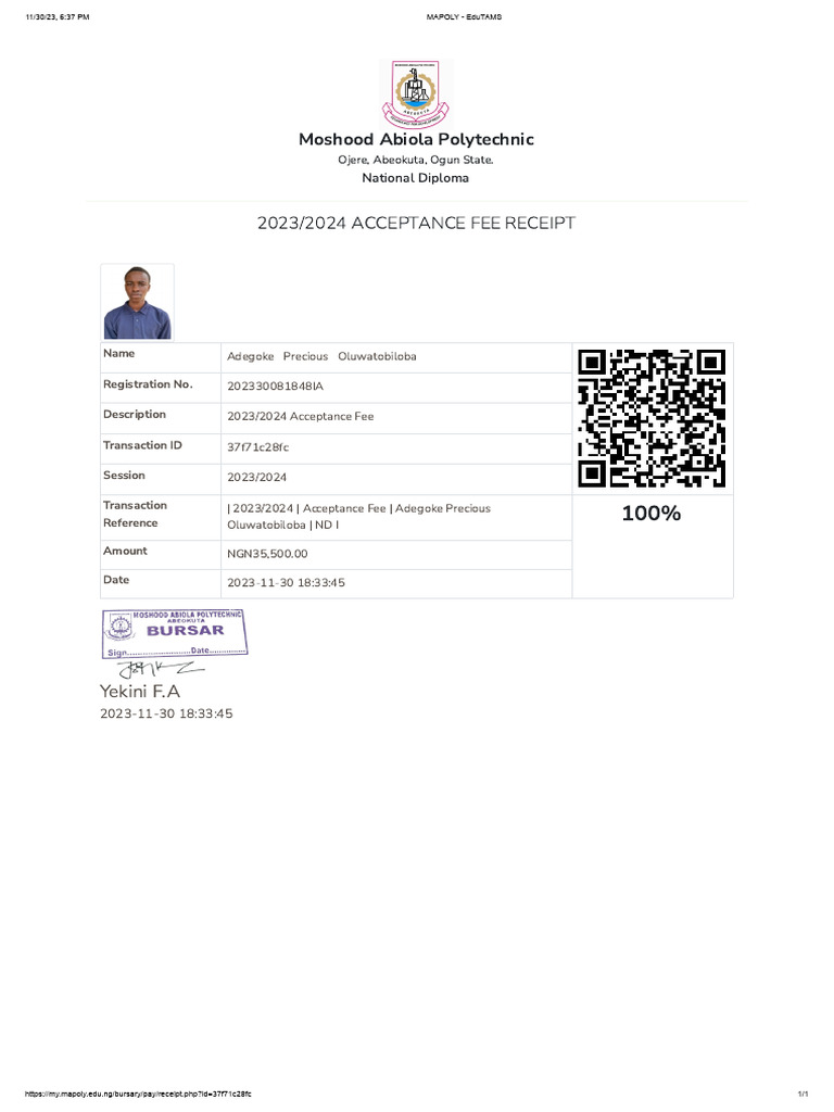 Adegoke Acceptance Receipt Mapoly - Edutams | PDF