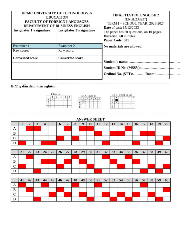 Official Keys Eng2 - Final Test-HK1!23!24 - 0 | PDF