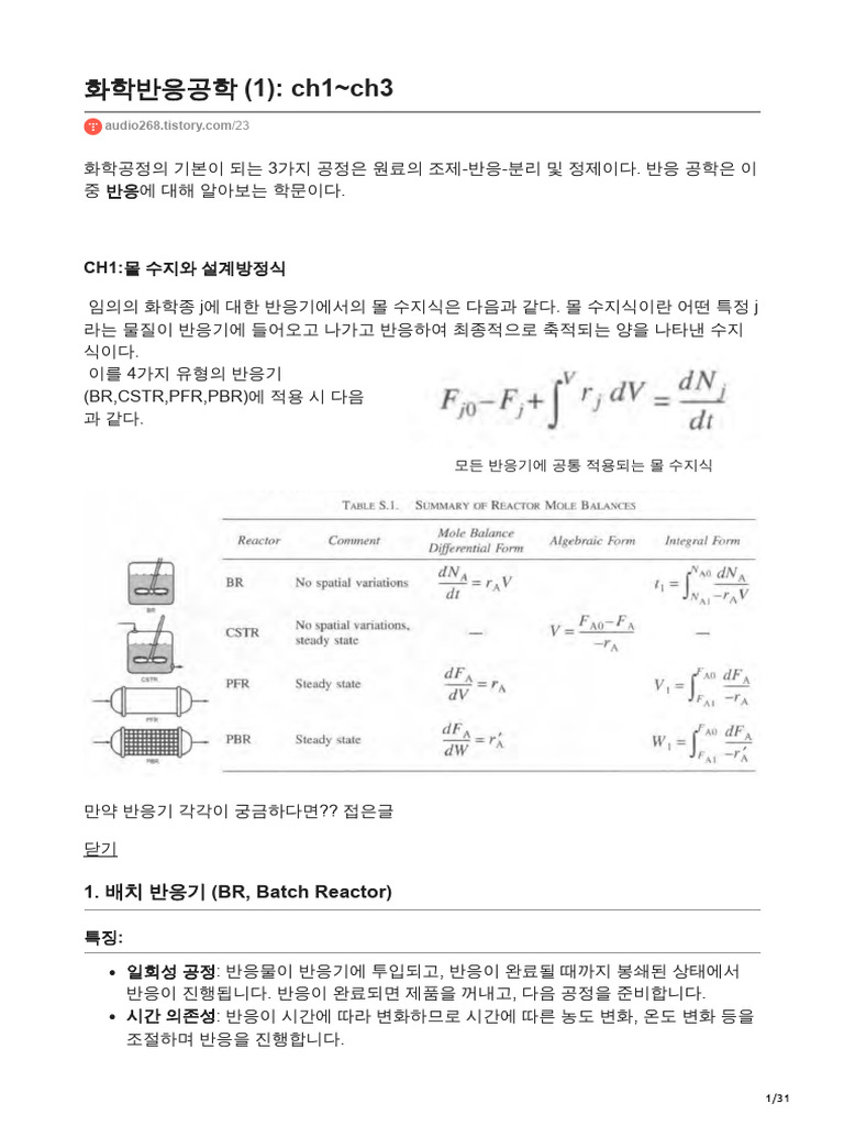 화학반응공학 1 ch1ch3 | PDF