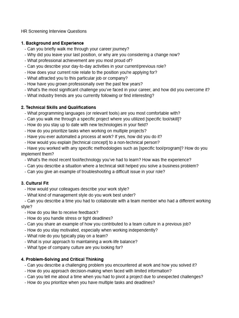 HR Screening Interview Questions | PDF | Psychological Concepts | Cognition
