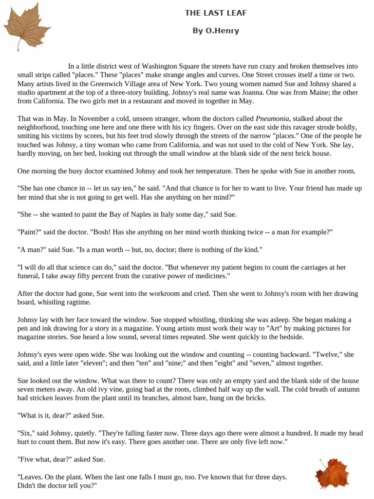 The Last Leaf: O. Henry's Masterpiece | PDF | Mystery, Thriller & Crime ...