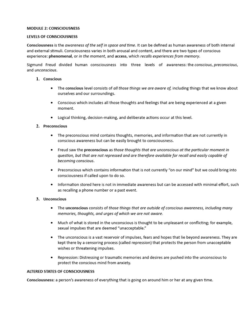 Module 2 Consciousness Notes | PDF | Sleep | Unconscious Mind