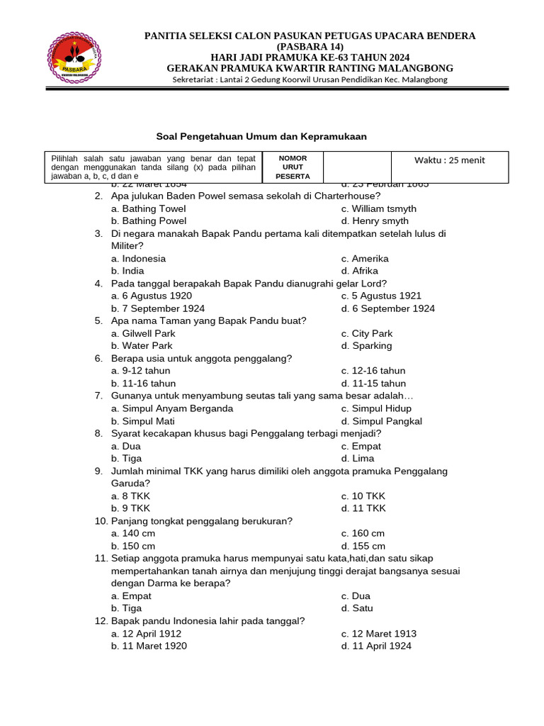 Soal Seleksi Pasbara Pengetahuan Dan Kepramukaan 2024 | PDF