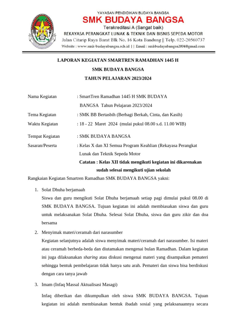 Laporan Smartren Ramadhan 1445 H SMK Budaya Bangsa 2023-2024 2 | PDF