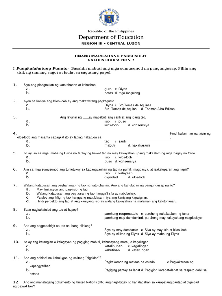 Unang-Markahang-Pagsusulit Ve 7 | PDF