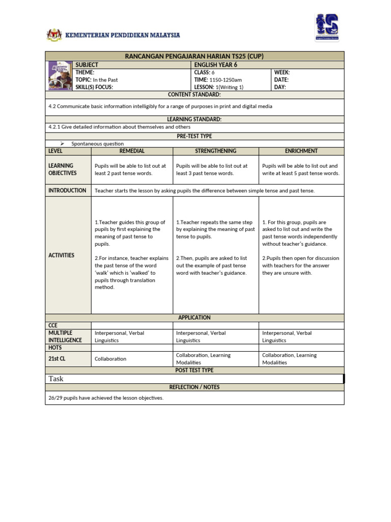 RPH Cup-Bi Y6 (Tapak) 21.4.22 | PDF | Grammatical Tense | Learning