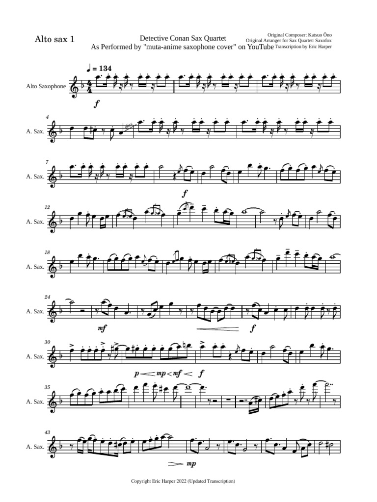 Alto Sax 1: Detective Conan Sax Quartet As Performed by "Muta-Anime ...