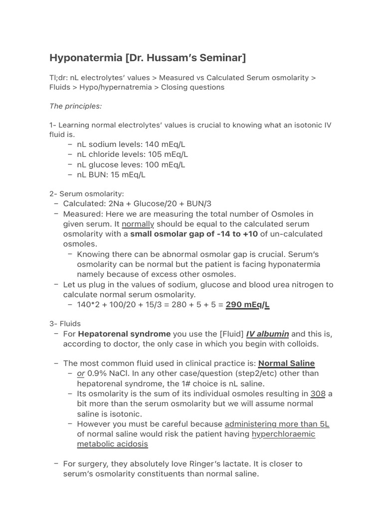 Hyponatermia (Dr. Hussam's Seminar) | PDF | Saline (Medicine) | Diseases And Disorders