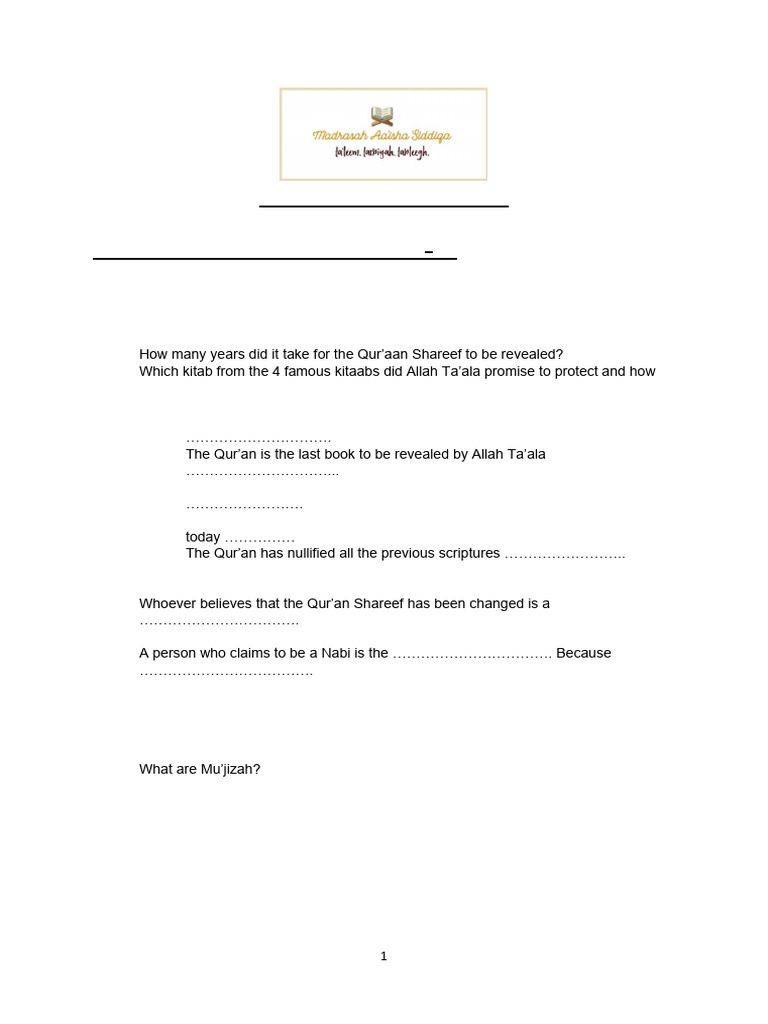 Revision of Aqaaid and Seerah Ex 1 Year 1 | PDF | Prophets And ...