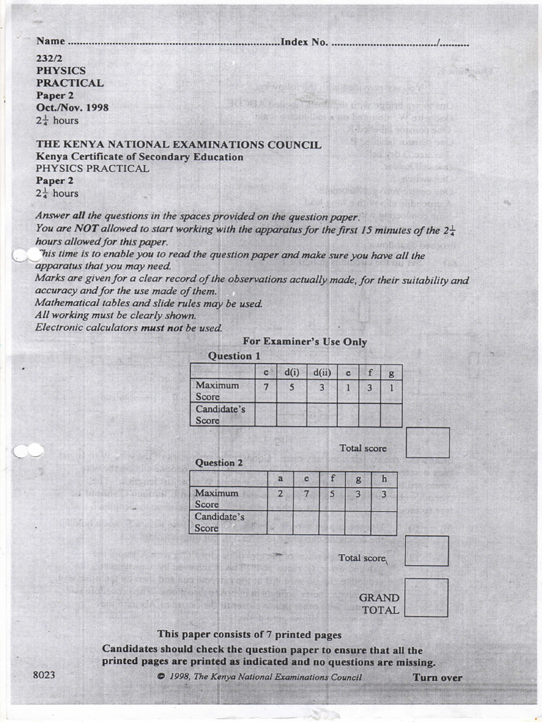 Kcse 1998 Physics PP3 | PDF