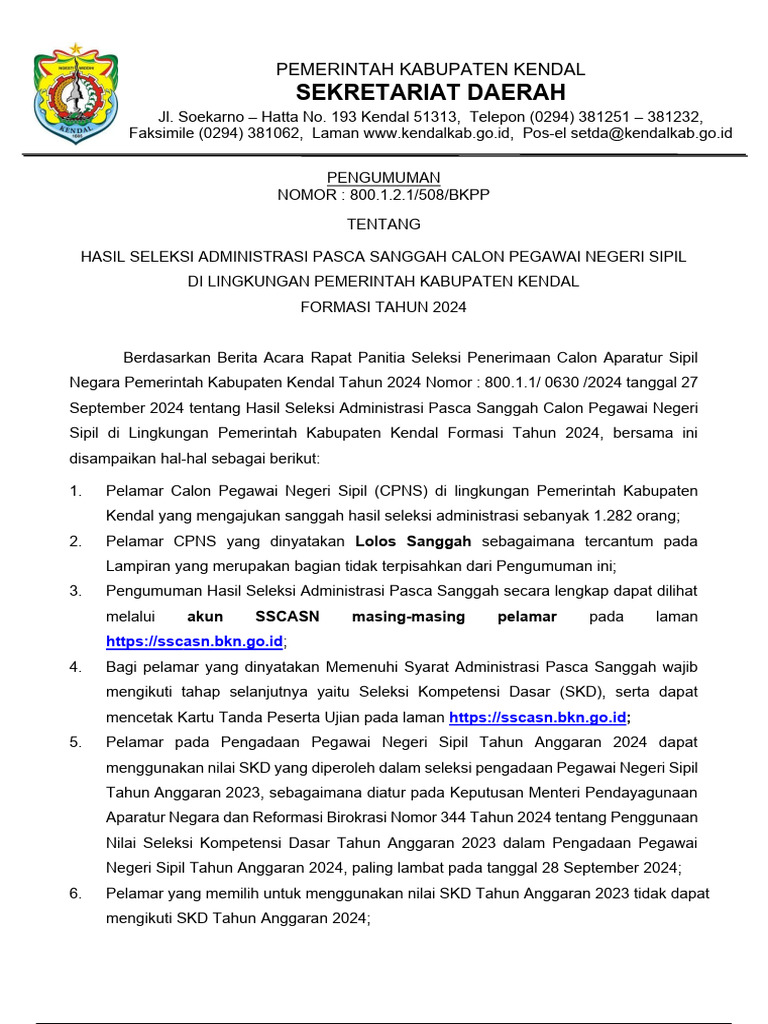 Pengumuman Hasil Sanggah Adm Cpns 2024 | PDF Pengumuman Hasil Sanggah Adm Cpns 2024 | PDF