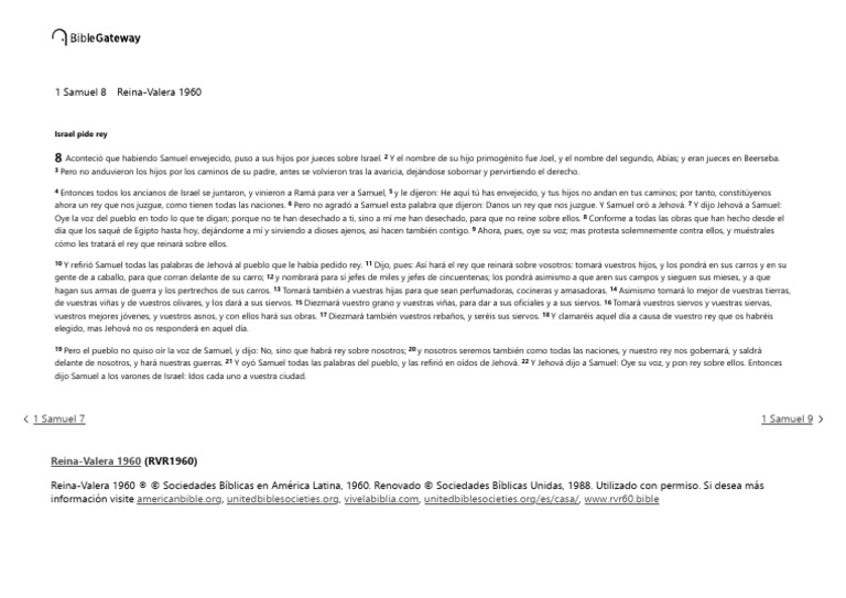 1 Samuel 8 RVR1960 - Israel Pide Rey | PDF