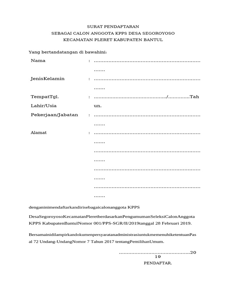 SURAT PENDAFTARAN & Pernyataan KPPS | PDF