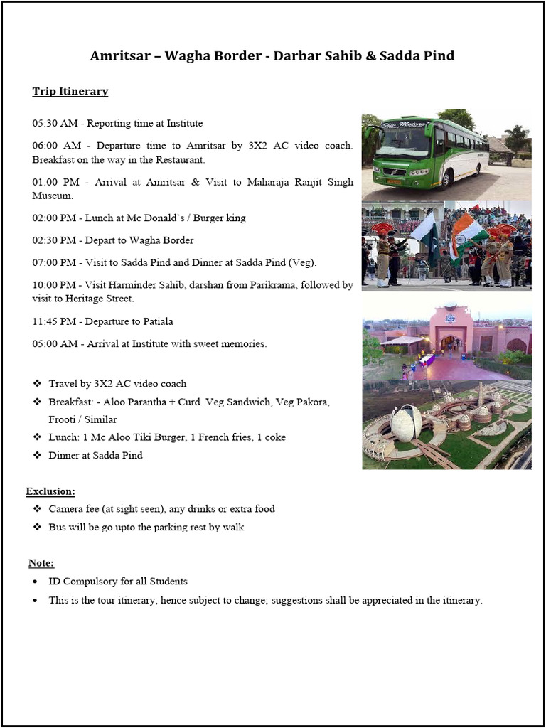 Amritsar - Wagha Border - Darbar Sahib & Sadda Pind | PDF