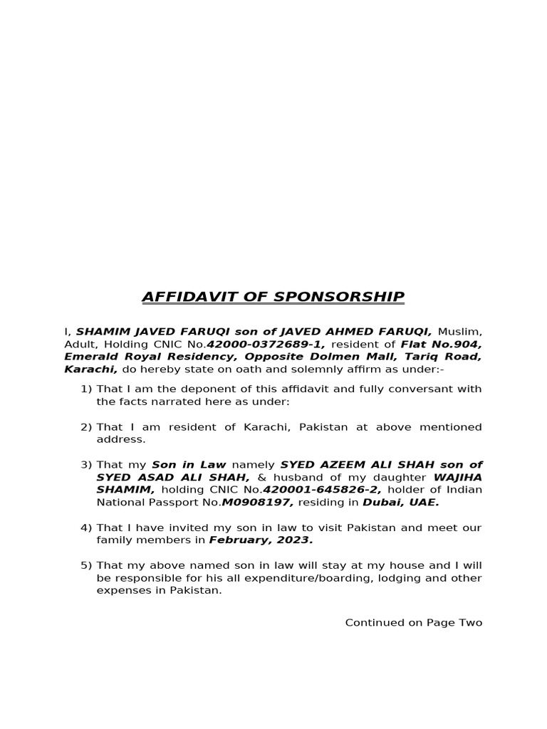 Affidavit of Sponsorship-Javede | PDF