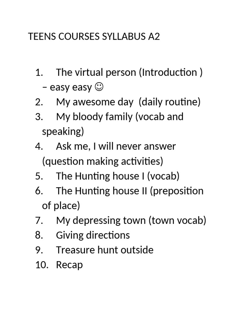 Teens Courses Syllabus a2 | PDF