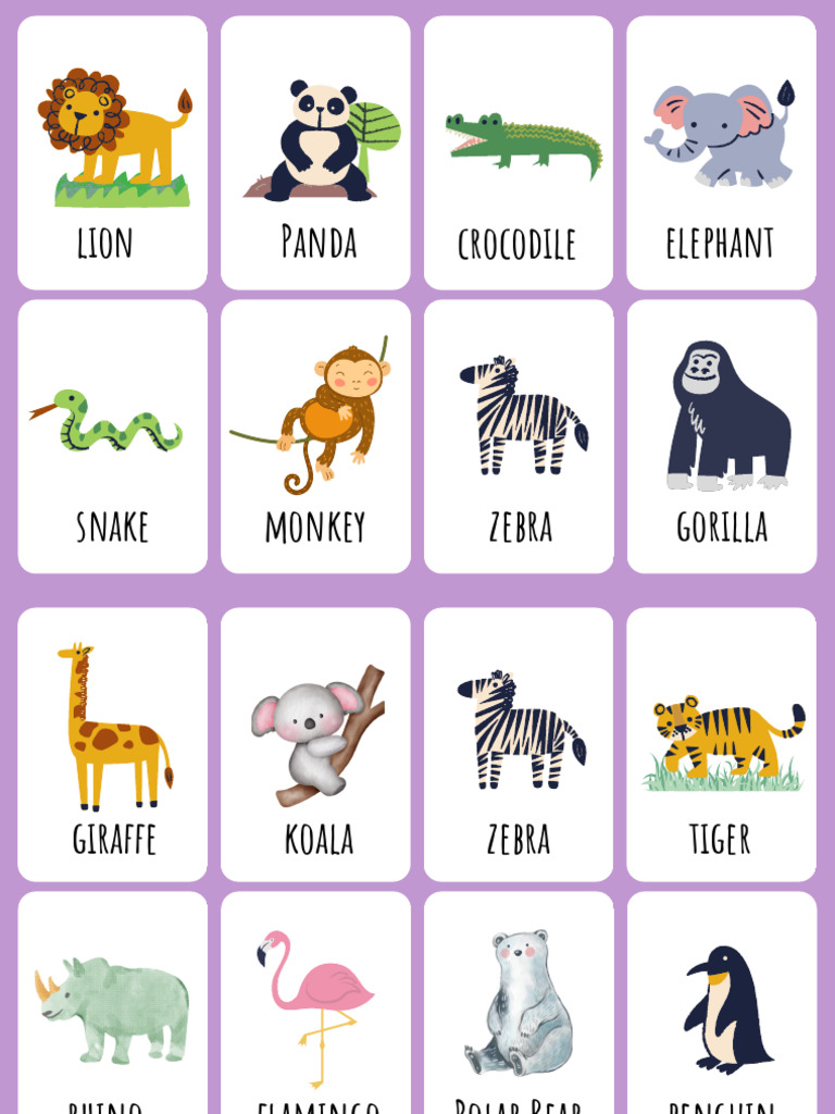 Colorful Illustrated Zoo Animals Kindergarten Flashcards PDF | PDF