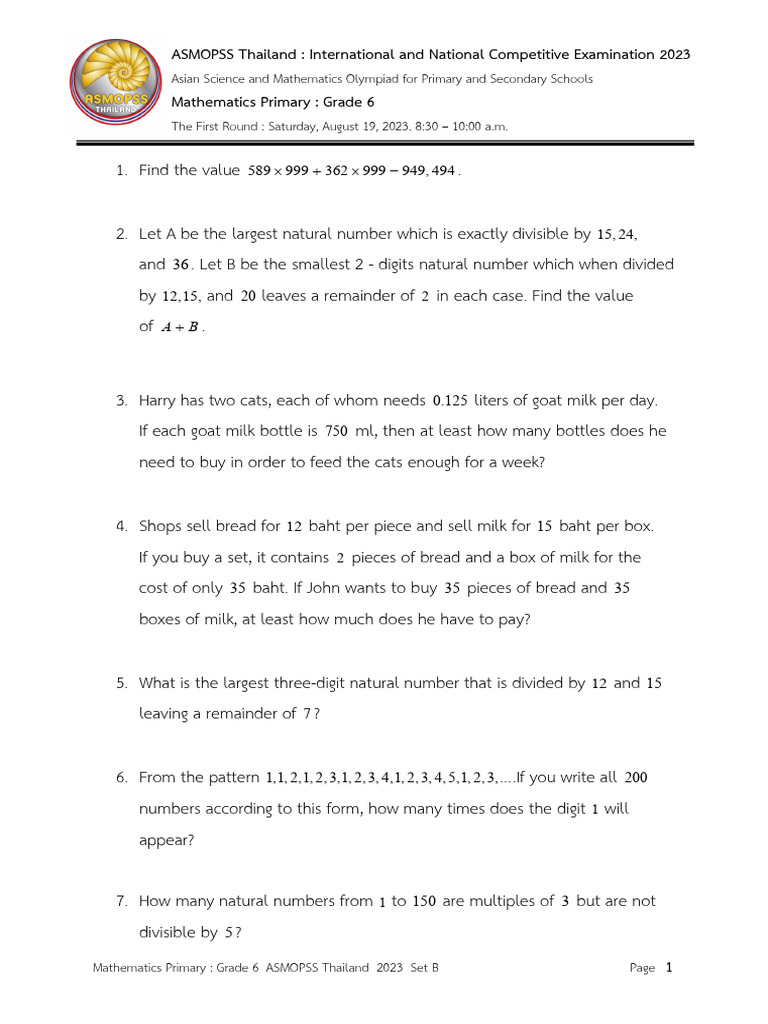 ข้อสอบคณิตศาสตร์ ASMOPSS 2023 ป.6 ชุด B | PDF | Area