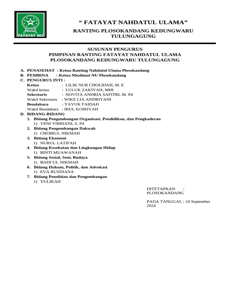 Susunan Pengurus Fatayat Ranting 2024 | PDF