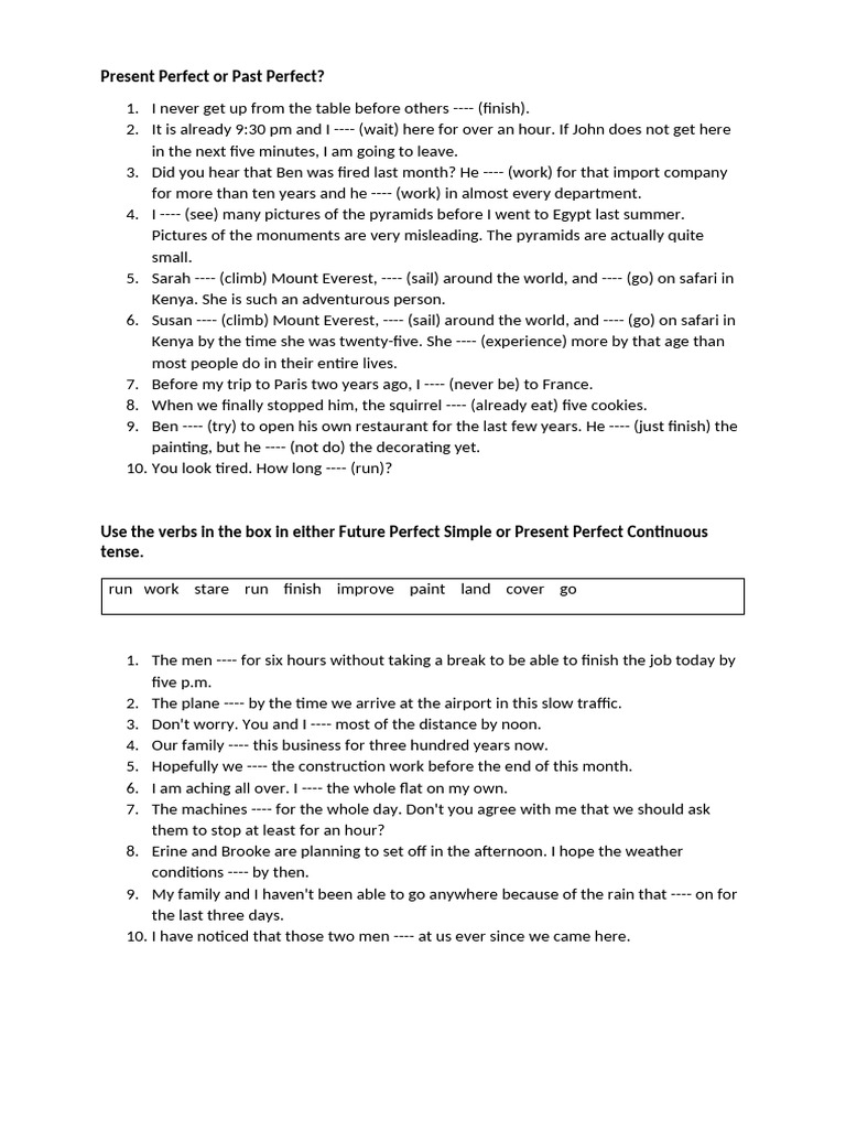 Perfect Tenses Handout | PDF | Linguistics | Grammar