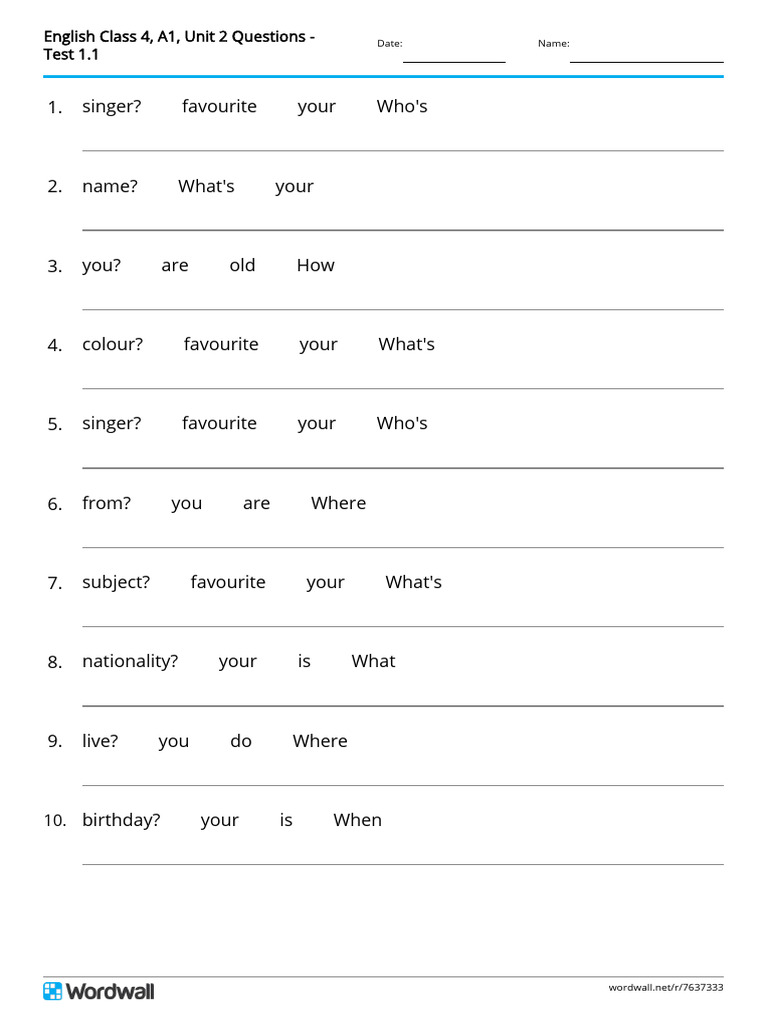 A1 English Unit 2: Basic Questions Test | PDF | Foreign Language ...