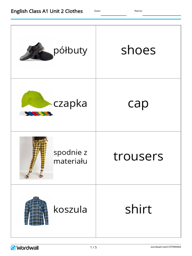 English Class A1 Unit 2 Clothes Flash Cards | PDF